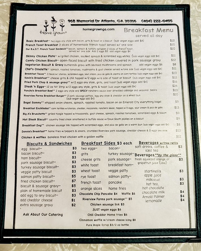 This menu reads like a love letter to Southern breakfast traditions. The hardest relationship you'll have today? Choosing just one dish.