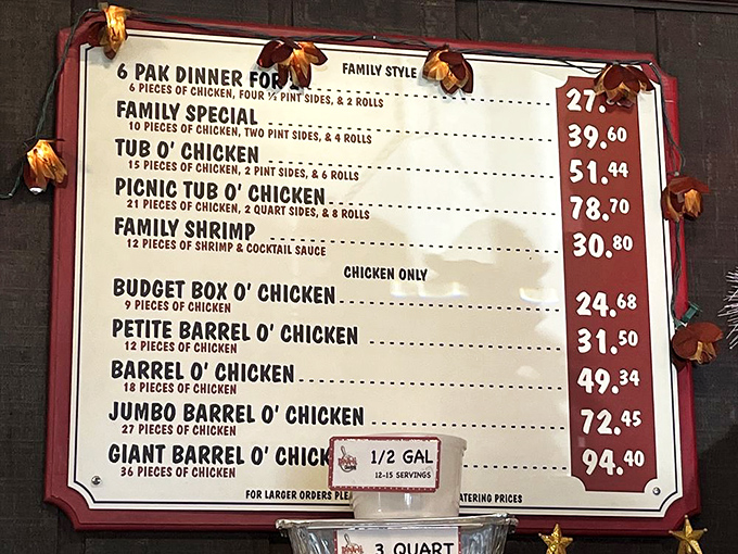 The menu board reads like poetry to chicken enthusiasts. "Tub O' Chicken" might be the three most beautiful words in the English language.