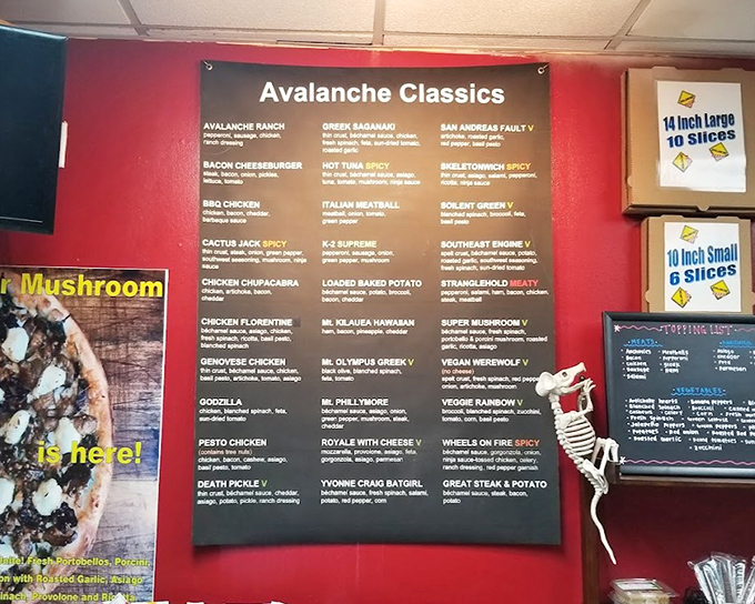 The menu board reads like a geological expedition through flavor country. From Death Pickle to Vegan Werewolf, these aren't your grandmother's pizza combinations.