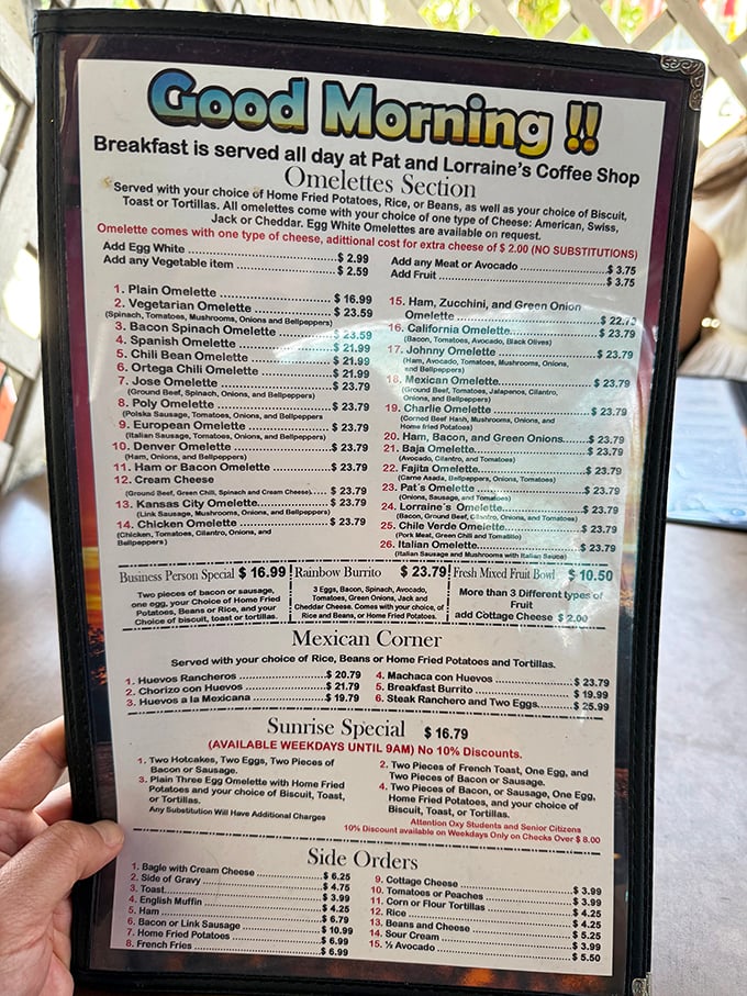 The menu reads like a breakfast lover's dream journal&mdash;over two dozen omelets and all-day breakfast options that promise satisfaction at any hour.