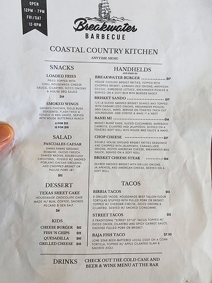 This menu isn't just a list of options&mdash;it's a roadmap to happiness. Each item represents a different path to barbecue bliss.