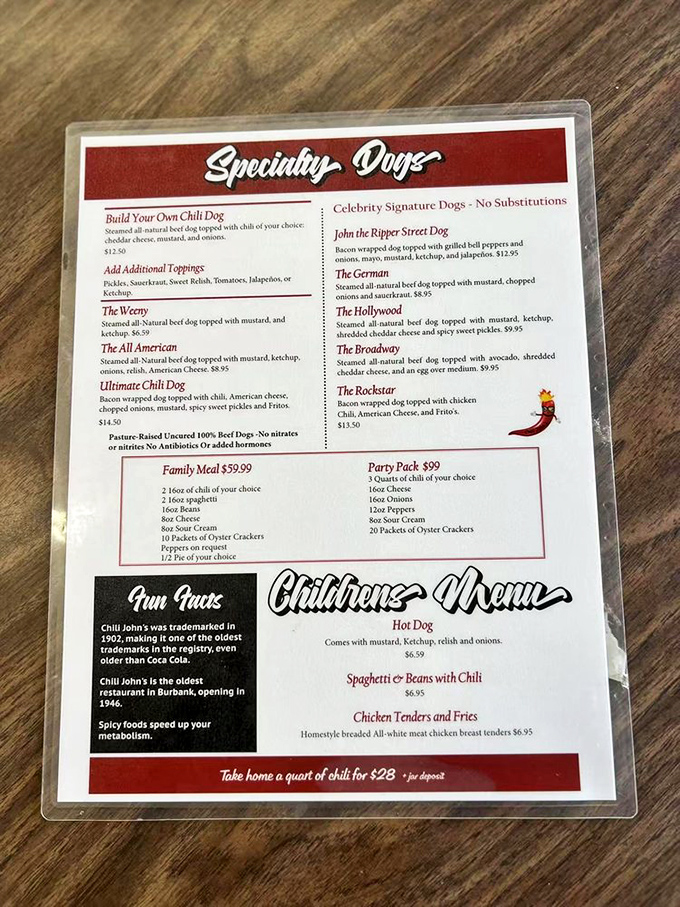The menu at Chili John's reads like a love letter to simplicity&mdash;specialty dogs with personality and chili that demands to be taken seriously.