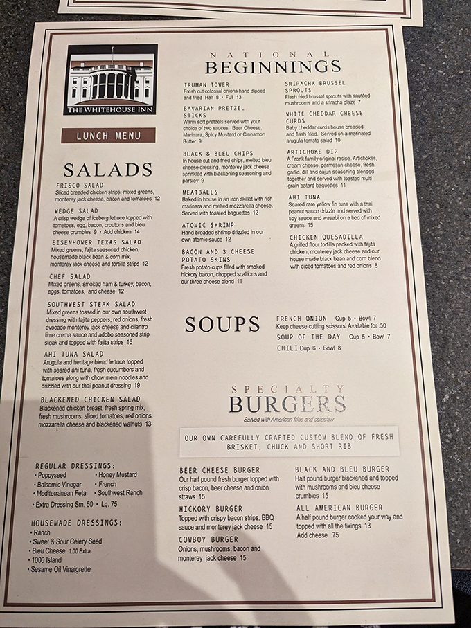 A menu that reads like a love letter to American comfort food classics, with presidential-themed appetizers that would earn bipartisan approval.