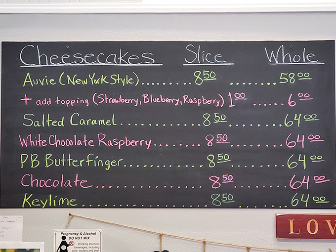 The chalkboard menu isn't just a list – it's a roadmap to happiness with destinations like "PB Butterfinger" and "White Chocolate Raspberry."