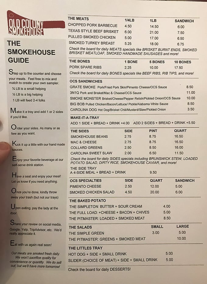 This menu isn't just a list&mdash;it's a roadmap to happiness. The "Smokehouse Guide" steps are like the Ten Commandments of proper BBQ enjoyment.