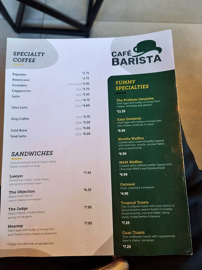 The menu reads like a delicious legal brief with "The Lawyer" and "The Judge" sandwiches making a compelling case for lunch.