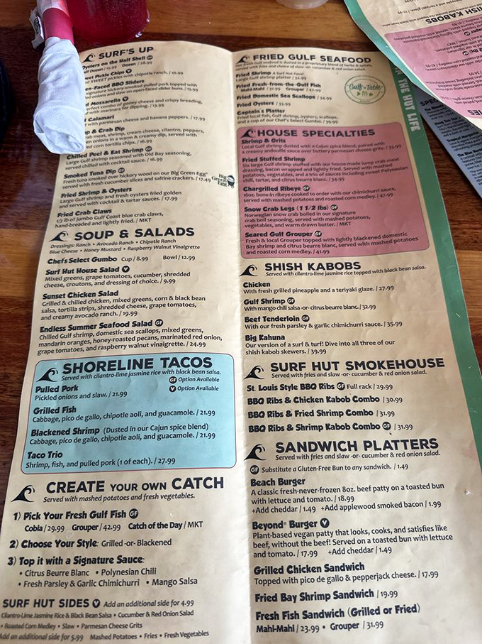 A menu that reads like poetry to seafood lovers. The "Create Your Own Catch" section is basically a choose-your-own-adventure book for grown-ups.