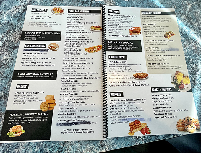 A menu that reads like a love letter to American breakfast classics. The French toast section isn't just a listing—it's a siren call.