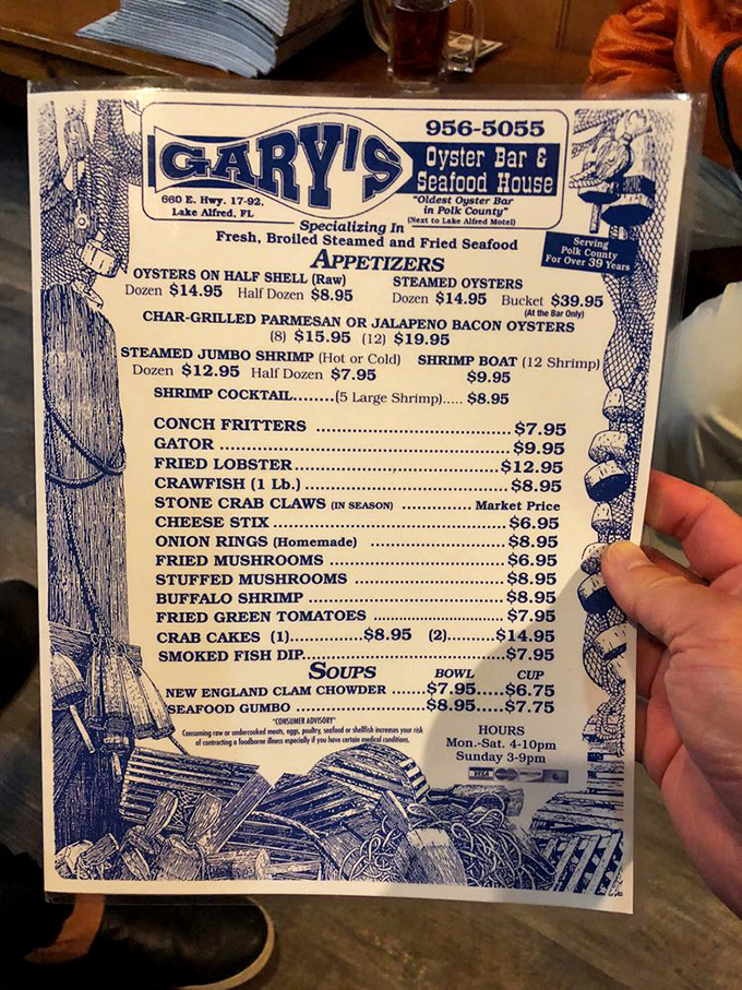 This menu isn't just a list&mdash;it's a maritime treasure map. The blue nautical border practically whispers, "Trust me, order the oysters."