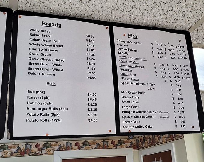 This menu isn't just a list of baked goods; it's a roadmap to happiness with destinations like apple dumplings and shoofly pie.