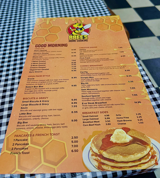 This honey-themed menu is the roadmap to breakfast paradise. Just look at those creative dish names &ndash; "Sam Massacre" sounds deliciously dangerous!