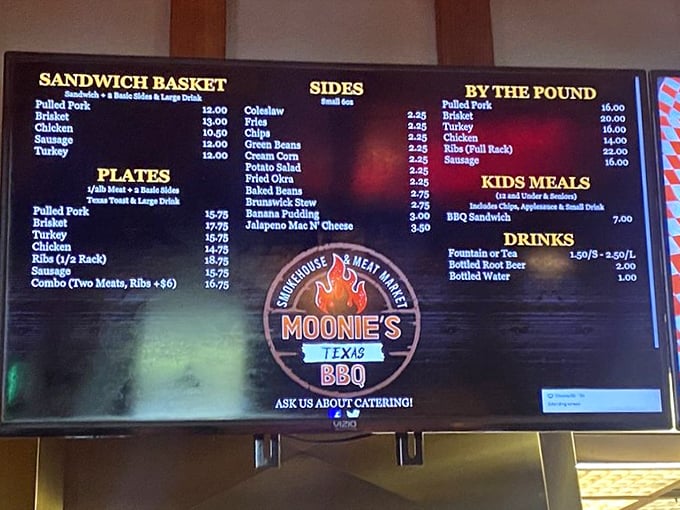 The menu board tells a story of smoked meat devotion. Each line represents hours of patience and craft that can't be rushed.