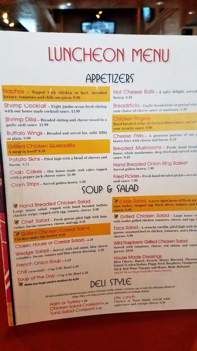 The menu reads like a love letter to American comfort food classics. Each highlighted item is someone's "I always get the..."