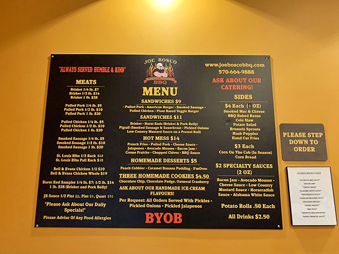 This menu isn't just a list of options&mdash;it's a roadmap to happiness. Note the "BYOB" at the bottom, because great BBQ deserves your favorite beverage.