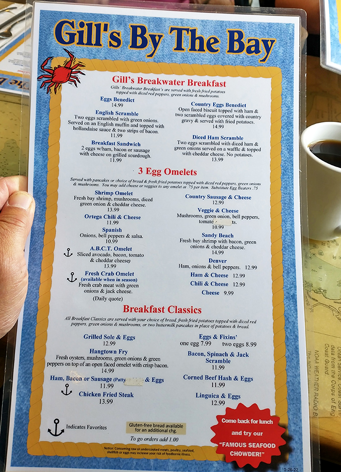 This menu isn't just offering breakfast&mdash;it's presenting a maritime morning manifesto with anchors marking the must-try dishes.