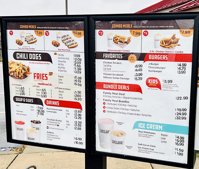 The menu board tells a tale of two restaurants – one that thinks it's about hot dogs, another that knows better.