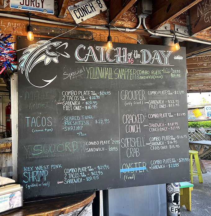 The chalkboard menu reads like poetry to seafood lovers &ndash; grouper, conch, and yellowtail snapper starring in this daily culinary drama.