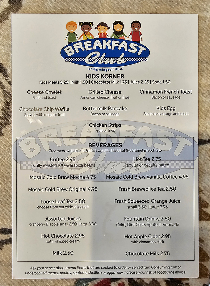 The Kids Korner menu proves great taste starts young. Those chocolate chip waffles might have adults eyeing the children's section.