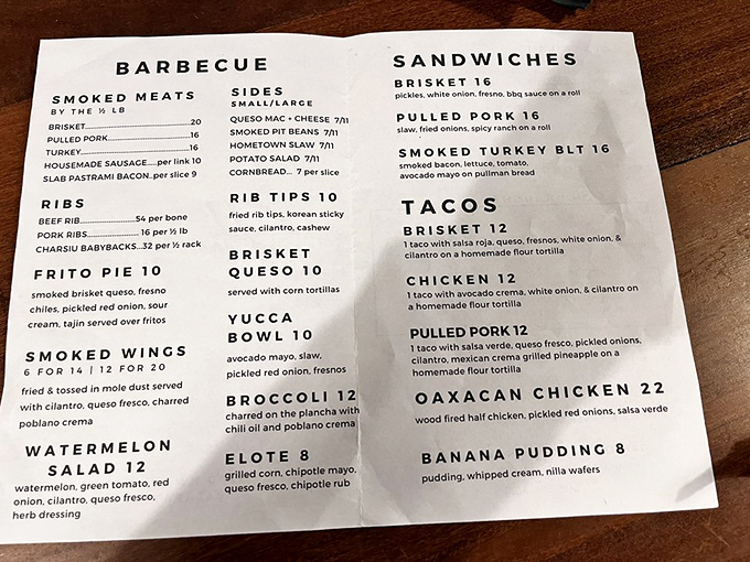 This menu isn't just a list &ndash; it's a roadmap to happiness with detours through brisket country, rib territory, and the promised land of banana pudding.