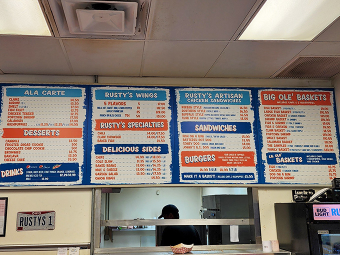 The menu board at Rusty's is like a treasure map for the hungry&mdash;X marks the spot for everything from clam strips to buffalo chicken.