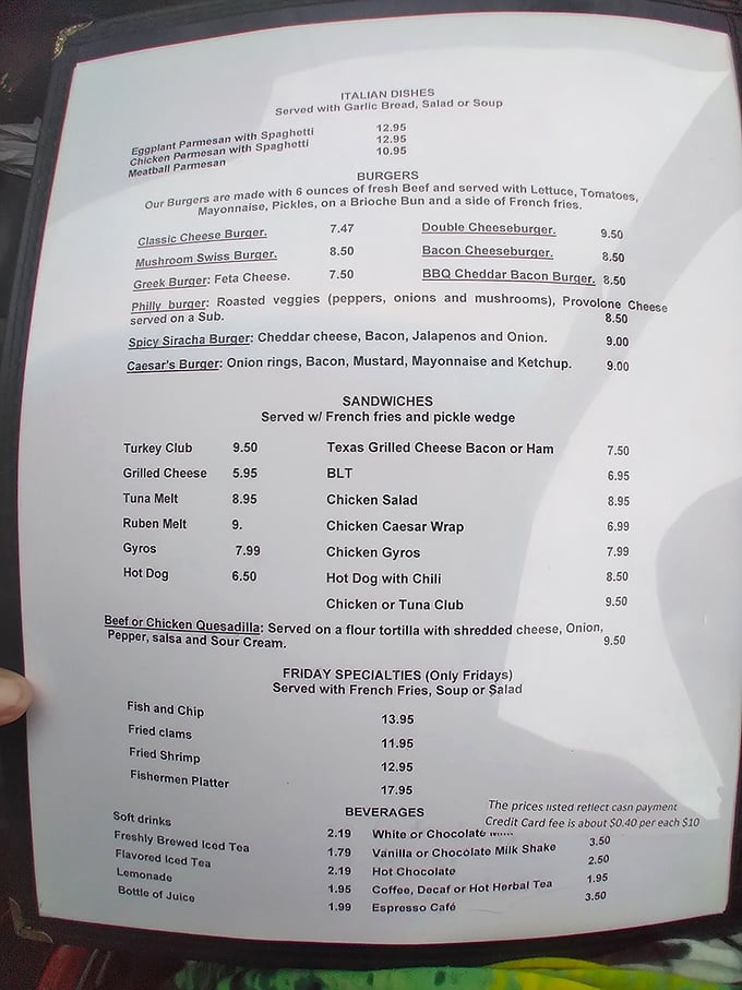 From Italian classics to Friday seafood specials, this menu reads like a love letter to comfort food.