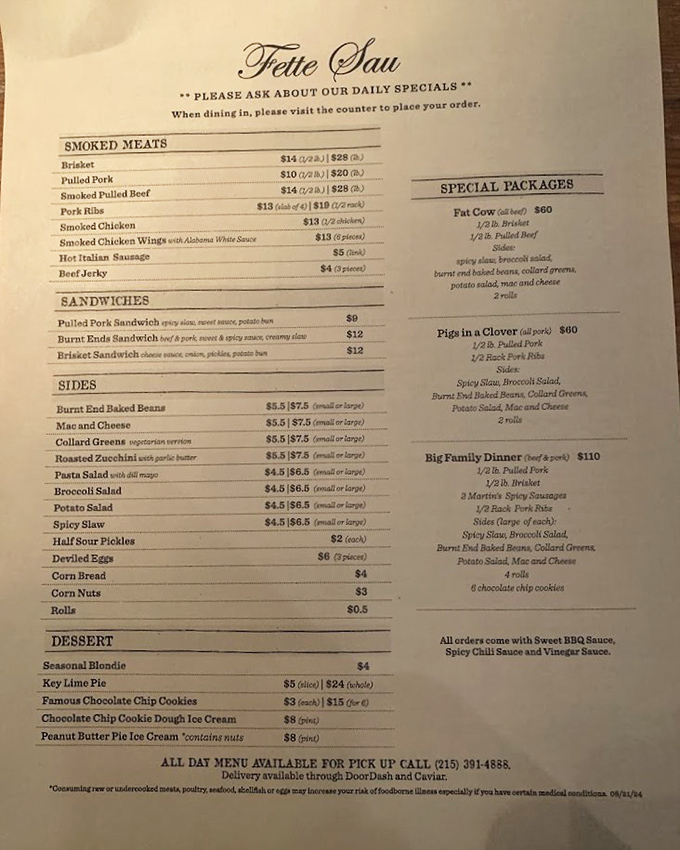 The menu at Fette Sau reads like poetry to carnivores. Simple, straightforward, and promising more flavor than should legally be allowed in one sitting.