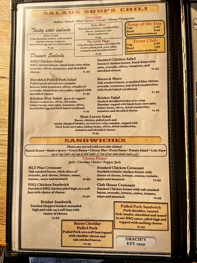 This menu isn't just a list&mdash;it's a roadmap to happiness. The "Meat Lovers Salad" proves even vegetables can be an excuse for more barbecue.