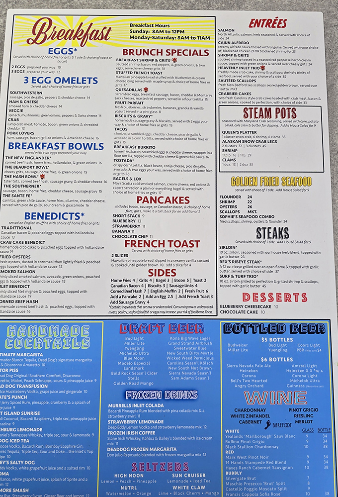 This menu isn't just a list&mdash;it's a treasure map to culinary bliss. The She-Crab Soup alone is worth navigating to Murrells Inlet.
