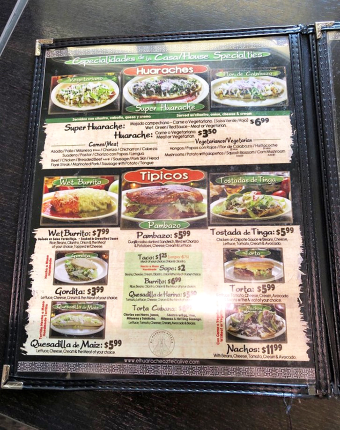 The menu reads like a love letter to Mexican cuisine, with huaraches taking center stage among a supporting cast of classics.