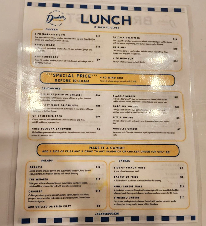 This menu is like a roadmap to happiness. From fried chicken to pimento cheese, Drake's offers Southern classics without unnecessary frills or wallet-emptying prices.