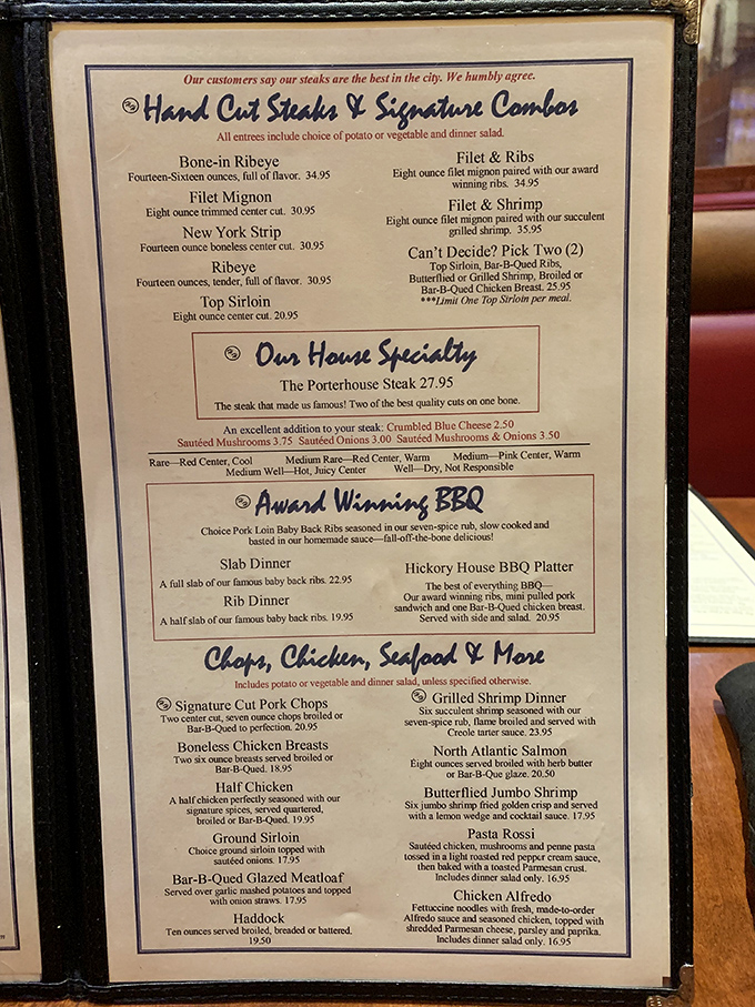 This menu reads like a love letter to carnivores, featuring steaks and ribs worth planning your week around.