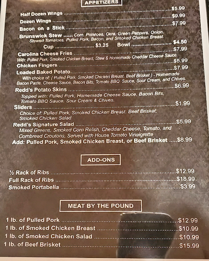 This menu isn't just a list of options&mdash;it's a roadmap to happiness. The "Meat by the Pound" section is where dreams are made.