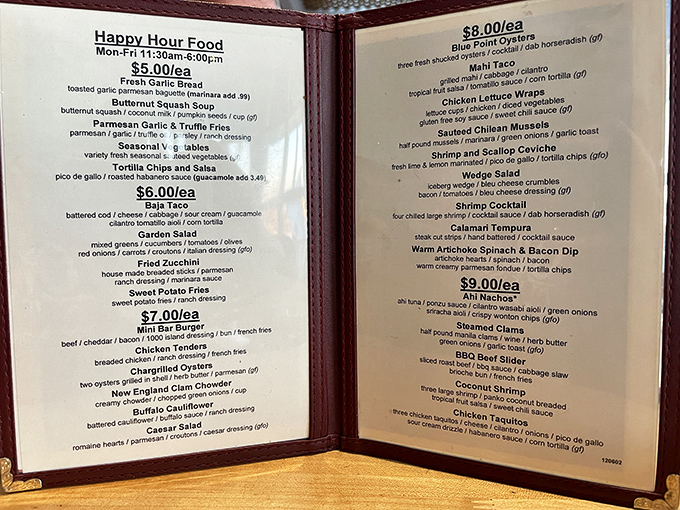 The happy hour menu reads like a treasure map where X marks the spot for seafood bargains that won't sink your wallet.