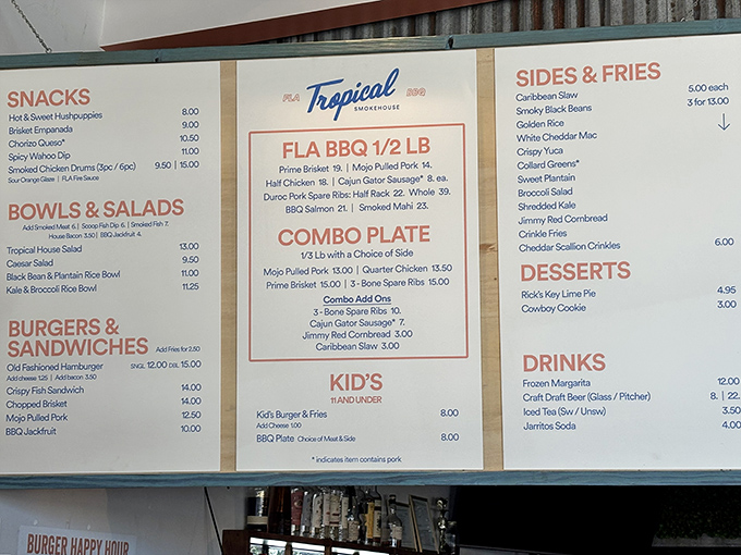 A menu that reads like a love letter to Florida's culinary identity. Notice how they don't waste precious space on vegetables that aren't collard greens.