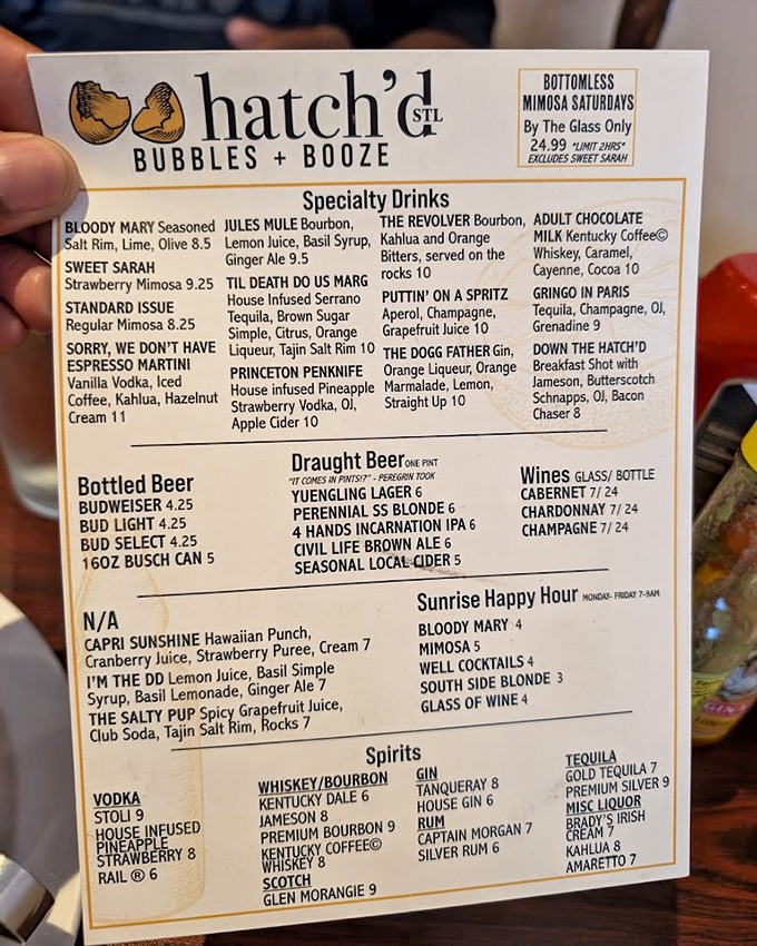 This isn't your average breakfast joint's drink menu—bottomless mimosas and creative cocktails like "Down the hatch'd" prove brunch without booze is just a sad, late breakfast.
