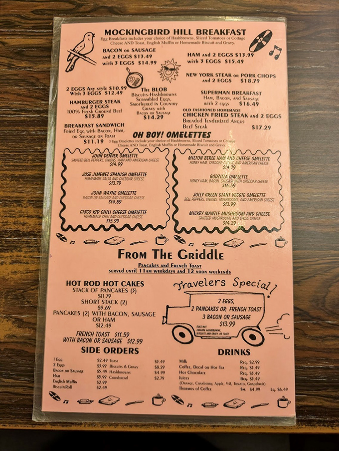 A menu that reads like a roadmap to comfort food paradise. Those omelet names alone are worth the drive through the desert.