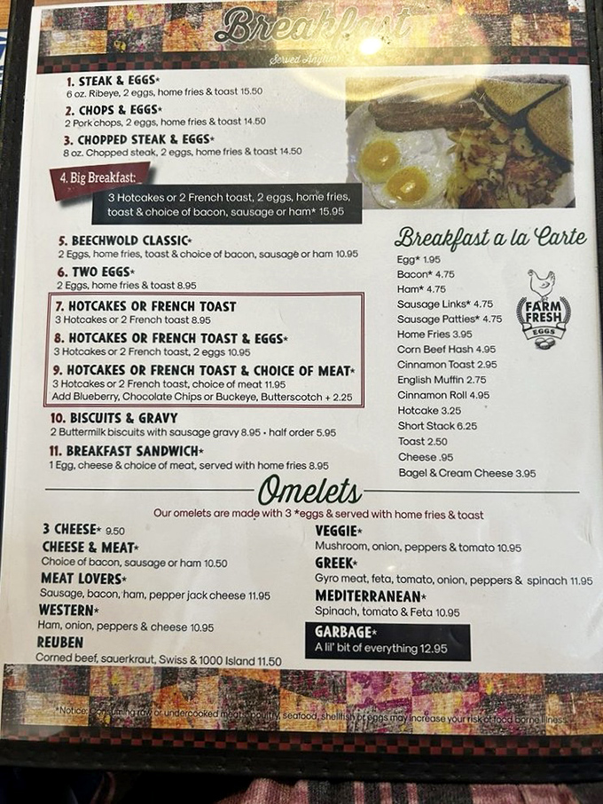 This menu reads like breakfast poetry – from ribeye steaks to fluffy hotcakes, every option delivers morning perfection.