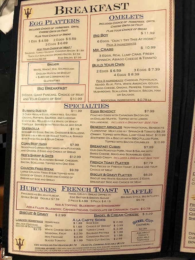 This menu isn't just reading material &ndash; it's a roadmap to happiness with landmarks like "Hubcakes" and the ominously named "Big Boy" six-egg omelet challenge.