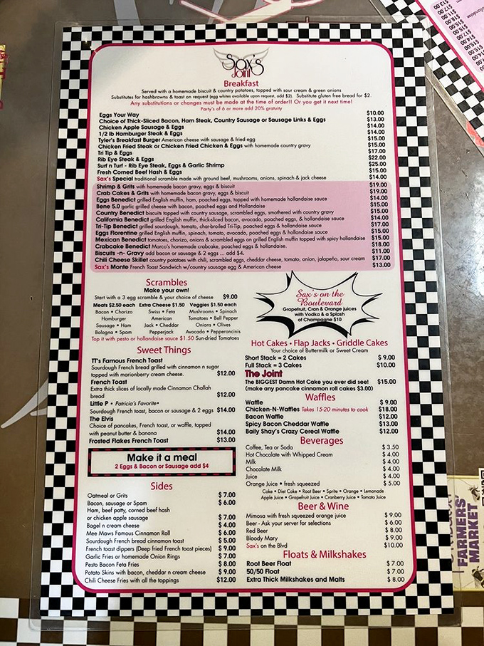 This menu isn't just a list of food &ndash; it's a roadmap to happiness with options like "Surf & Turf" and "The Joint" pancake challenge that's defeated many brave souls.