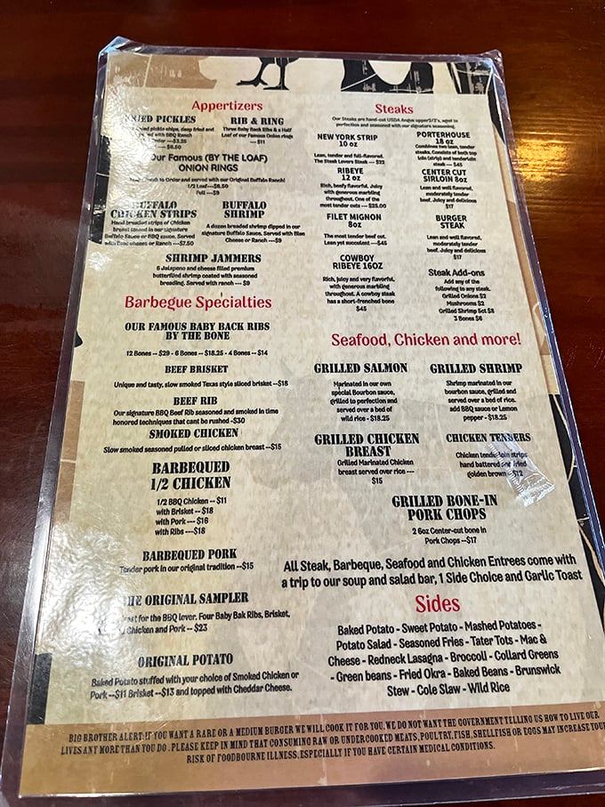 A menu that reads like a carnivore's dream journal. Each description teases possibilities that make choosing just one item the day's most delicious dilemma.