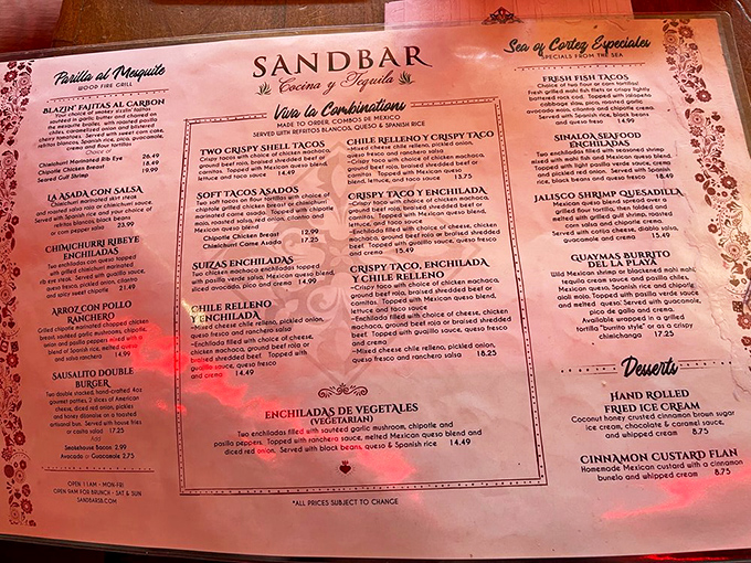 A menu that reads like a love letter to Mexican cuisine. Each description promises a flavor journey worth the calories—diet starts tomorrow!