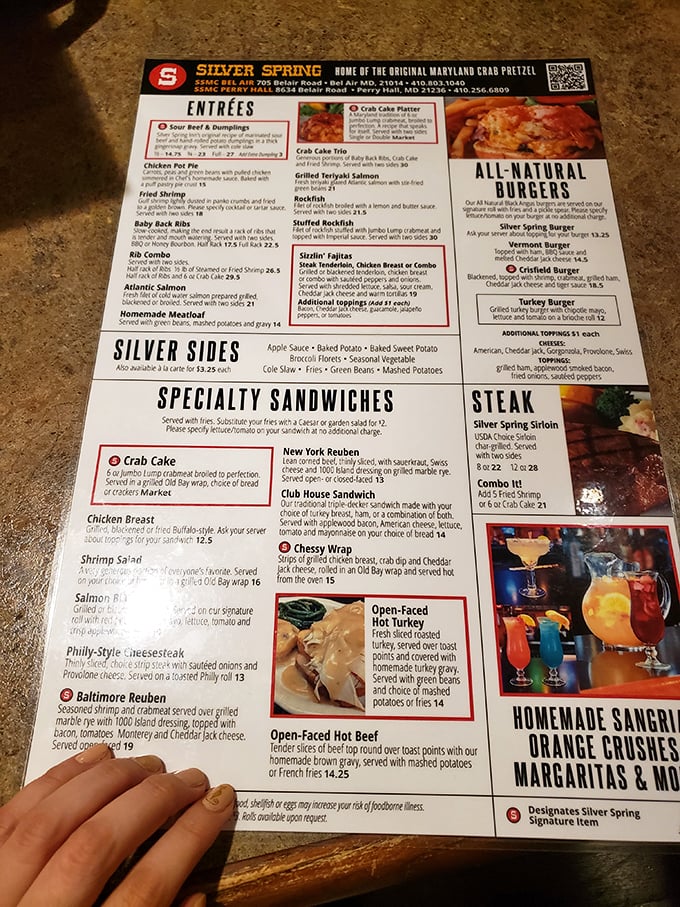 The menu reads like a love letter to Maryland cuisine, with those signature crab pretzels stealing the spotlight.