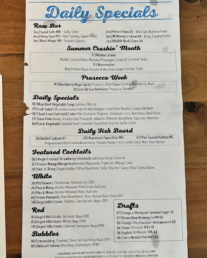 The daily specials board reads like a love letter to the Atlantic, with oyster varieties that'll make you consider moving to the coast permanently.
