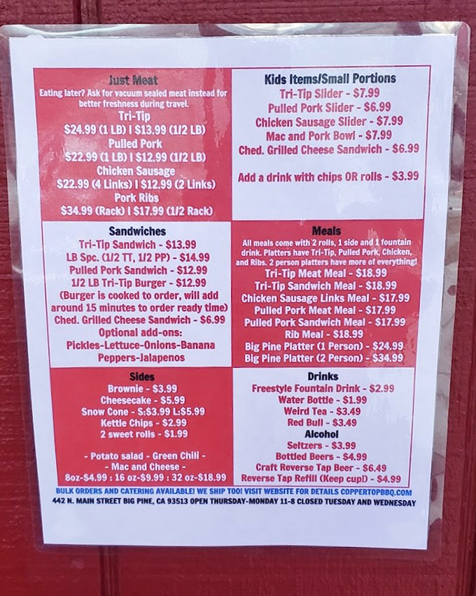 This menu isn't just a list&mdash;it's a roadmap to happiness. The Big Pine Platter is basically the barbecue equivalent of hitting the lottery.