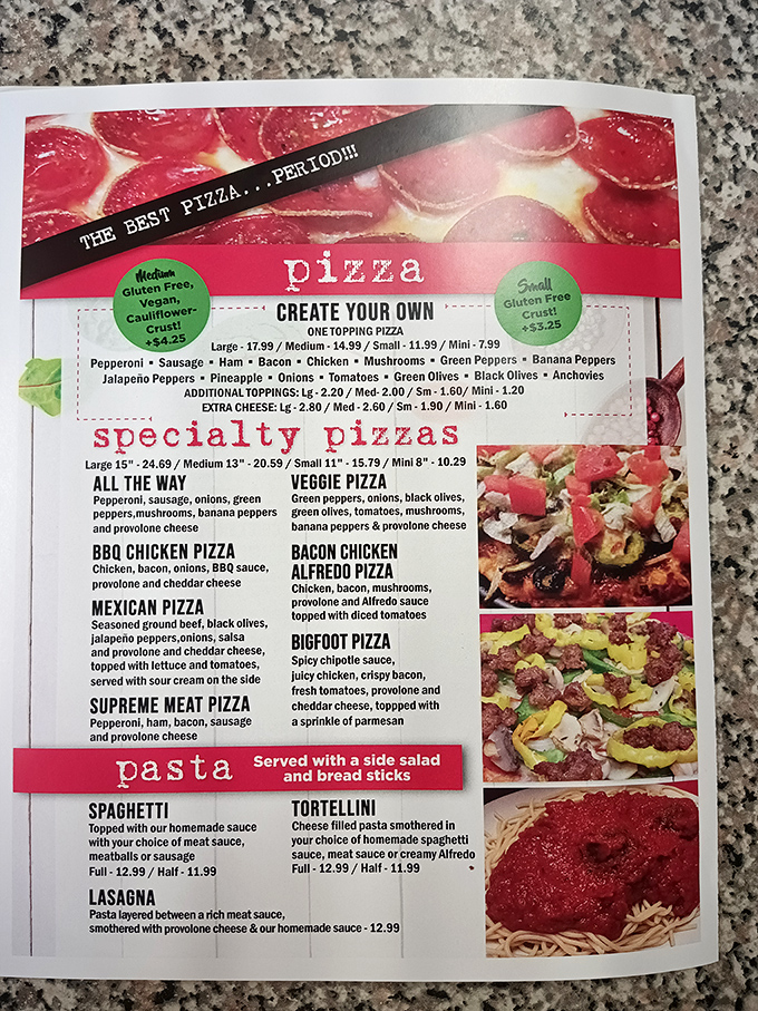 The menu reads like a love letter to pizza possibilities, from classic pepperoni to the legendary BBQ Chicken that's worth the drive from anywhere in Ohio.