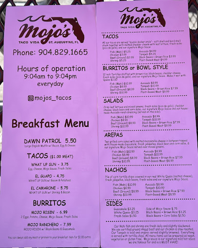 The quirky 9 operating hours hint at the personality behind this menu of creative tacos, burritos, and breakfast delights.