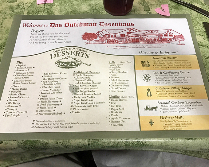 This menu placemat isn't just a list&mdash;it's a treasure map to dessert paradise with over 30 varieties of pie waiting to test your willpower.