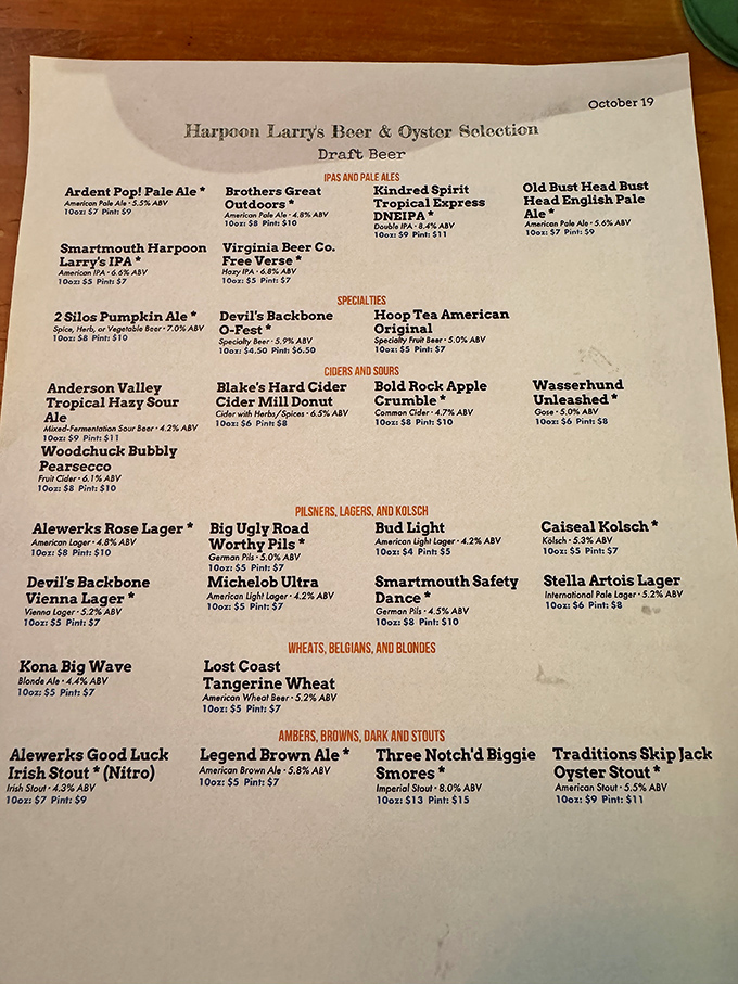 The beer menu reads like a love letter to craft brewing, with local Virginia favorites sharing space with carefully selected national treasures.