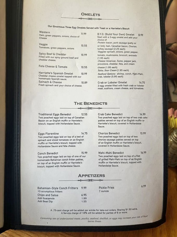 From Western omelets to seafood Benedicts, this menu reads like a love letter to morning comfort food.