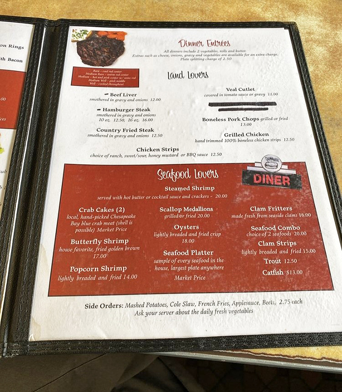 This isn't just a menu; it's a love letter to comfort food where "Seafood Lovers" isn't a dating site but a promise of Eastern Shore delights.